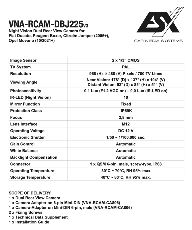 ESX VNA-RCAM-DBJ225V3 Night Vision Doppel Rückfahrkamera für Fiat Ducato, Peugeot Boxer, Citroen ...